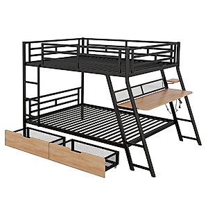 Flieks Bunk Bed, Full Over Full Metal Bunk Bed Frame with Built-in Desk, Light, 2 Drawers, Safety Guard Rails and Ladder, Heavy-Duty Steel Frame Bunk Bed for Kids Teens Adults (Black)