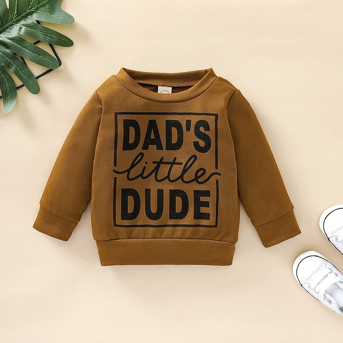 Newborn Infant Baby Boys Pullover Dad's Little Dude Sweatshirt Long Sleeve Casual Sweater Fall Clothes (Brown, 0-3 Months)