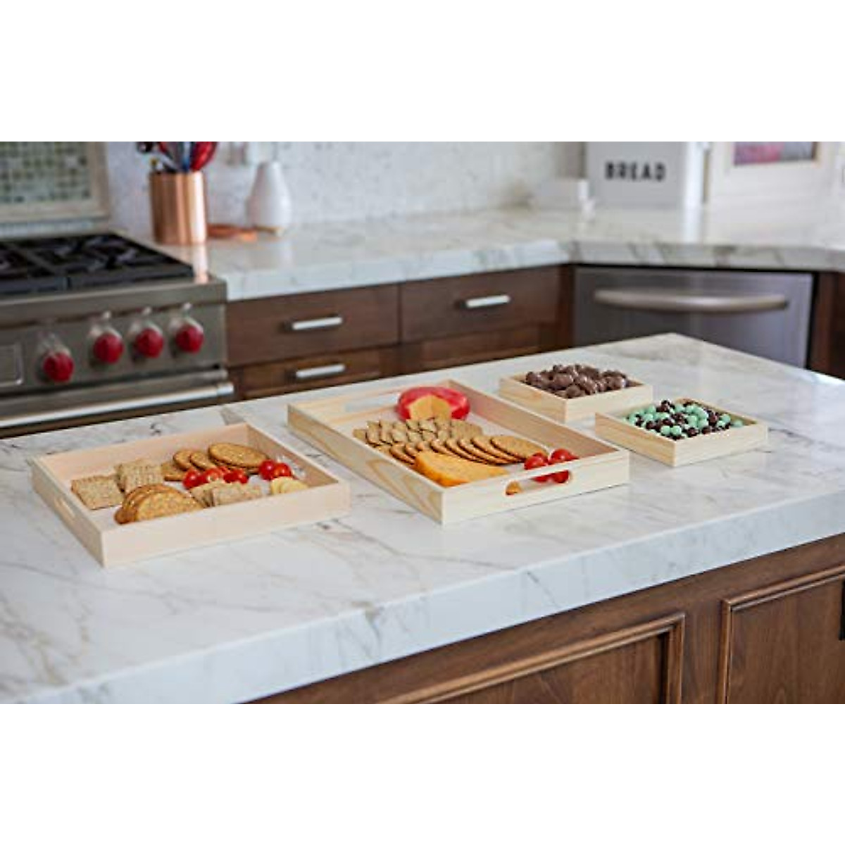 Wooden Living - Serving Tray/Wooden Trays with Handles and Small Wood Boxes Set (Unfinished) | for Montessori Activity, Art/Crafts, Painting, Restaurant Food, Decorative, Coffee Table | 5 Pieces