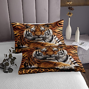 Manfei Tiger 3D Print Bedspread Queen Size,Wild Animals Bedding Set 3pcs for Kids Teens Boys Room Decor,Animal Fur Quilted Coverlet Leopard Soft Breathable Bedding Quilt with 2 Pillowcases