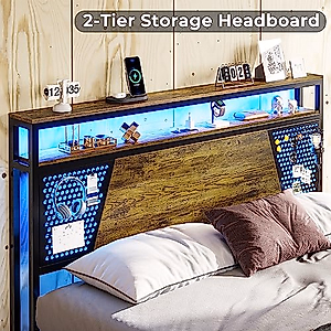 ADORNEVE LED Queen Bed Frame with Storage Headboard, Metal Platform Bed with Charging Station, Bed Frame with 4 Drawers, Storage Shelves, No Box Spring Needed,Noise-Free,Vintage Brown