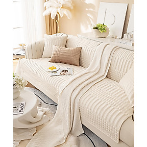 Huierxun Solid Color Quilted Plush Sofa Cover Sofa Slipcover Non-Slip Sectional Couch Covers Anti Cat Scratch Armrest Backrest Recliner Cover (Beige,28''x28'')