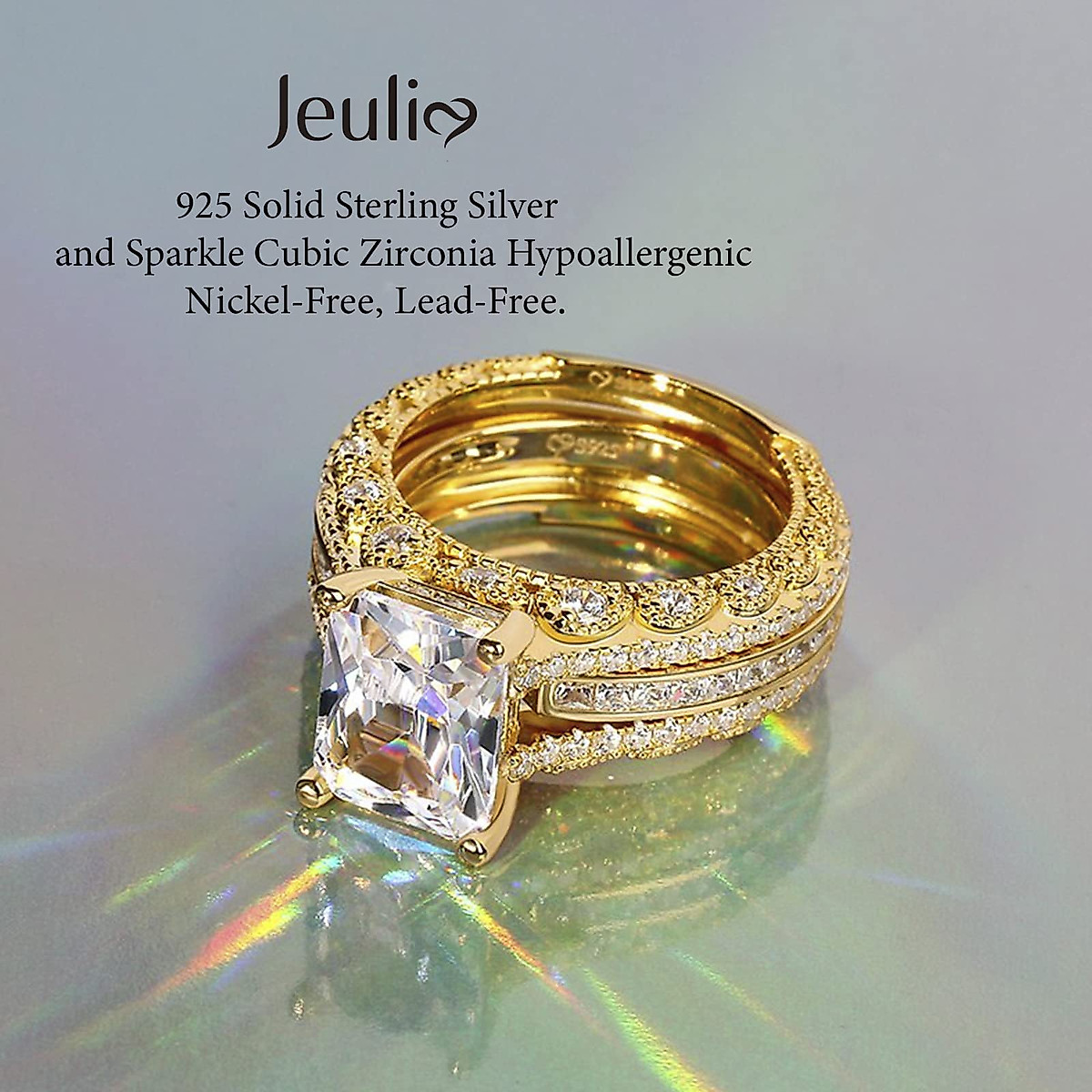 Jeulia Wedding Radiant Cut Ring: 3PC CZ Diamond Engagement Ring Set Promise Anniversary Rings with Side Stones Romantic Jewelry Gift for Her with Gift Box (Yellow Gold, 9.5)