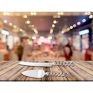 FASHONCRAFT 2559 Heart to Heart Collection Silver Metal Cake Server and Knife Set – Party Favor