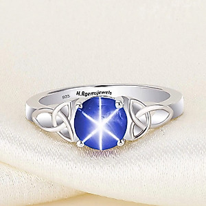 Genuine Blue Star Sapphire Gemstone Ring 925 Sterling Silver Rhodium Plated Halo Ring For Women Lab Created Star Sapphire Ring (Sterling Silver, 6)