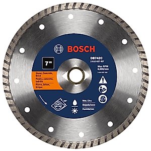 BOSCH DB742C 7 In. Premium Turbo Rim Diamond Blade with 7/8 In. Diamond Arbor Knockout for Smooth Cut Wet/Dry Cutting Applications in Concrete, Masonry