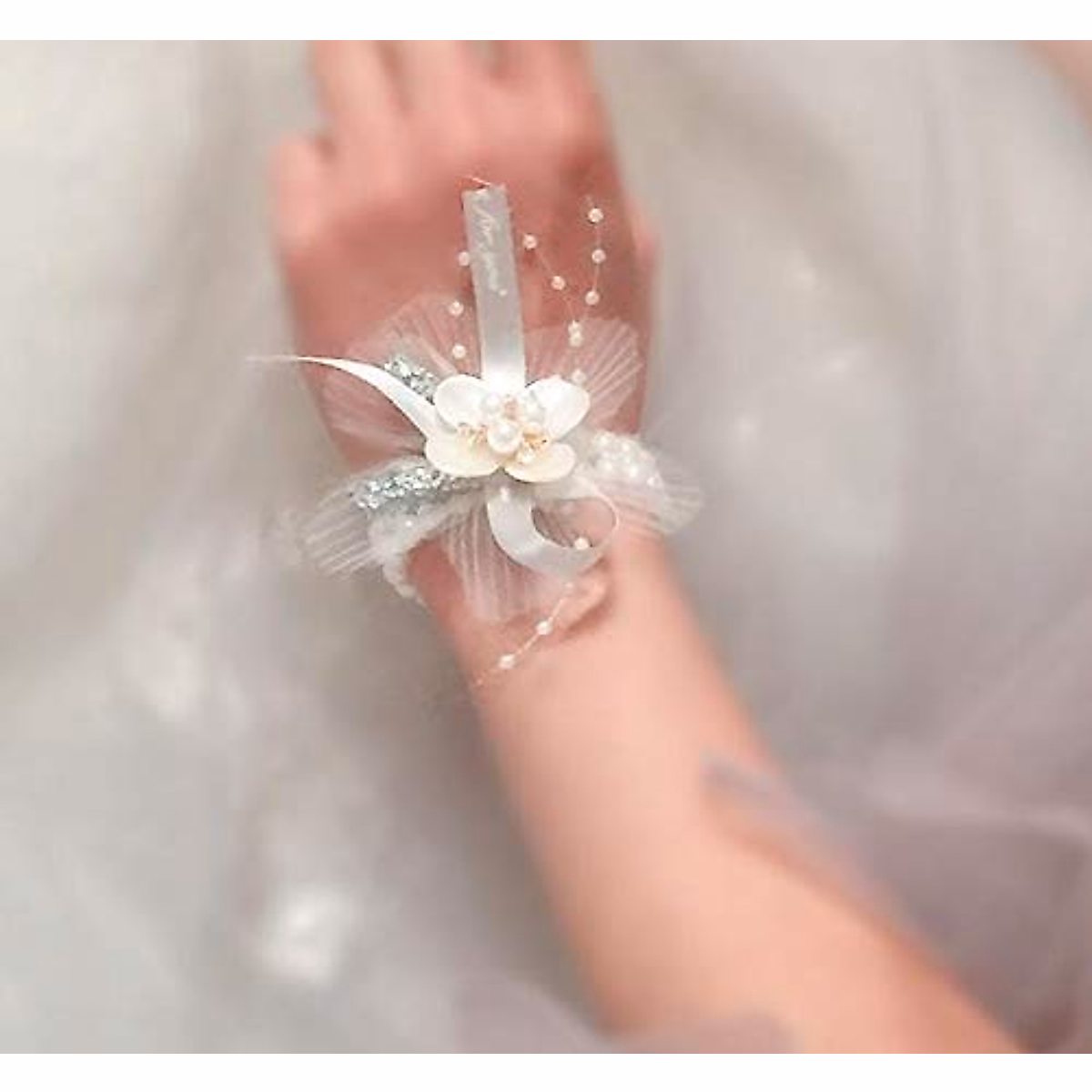 ericotry 2pcs Stretch Pearl Wrist Bands Corsages Handmade DIY Accessories for Wedding Prom Party