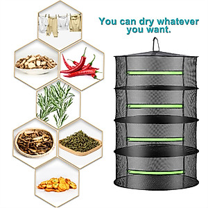 HYDGOOHO Herb Drying Rack Net Mesh with Green Zippers Hydroponics,Bonus Hook Drying Rack Herbs for Plant Bud Seed, Mesh Hanging Plant Dry,Herb Dry Net for Garden, Herb, Food, Cloth(4 Layer)