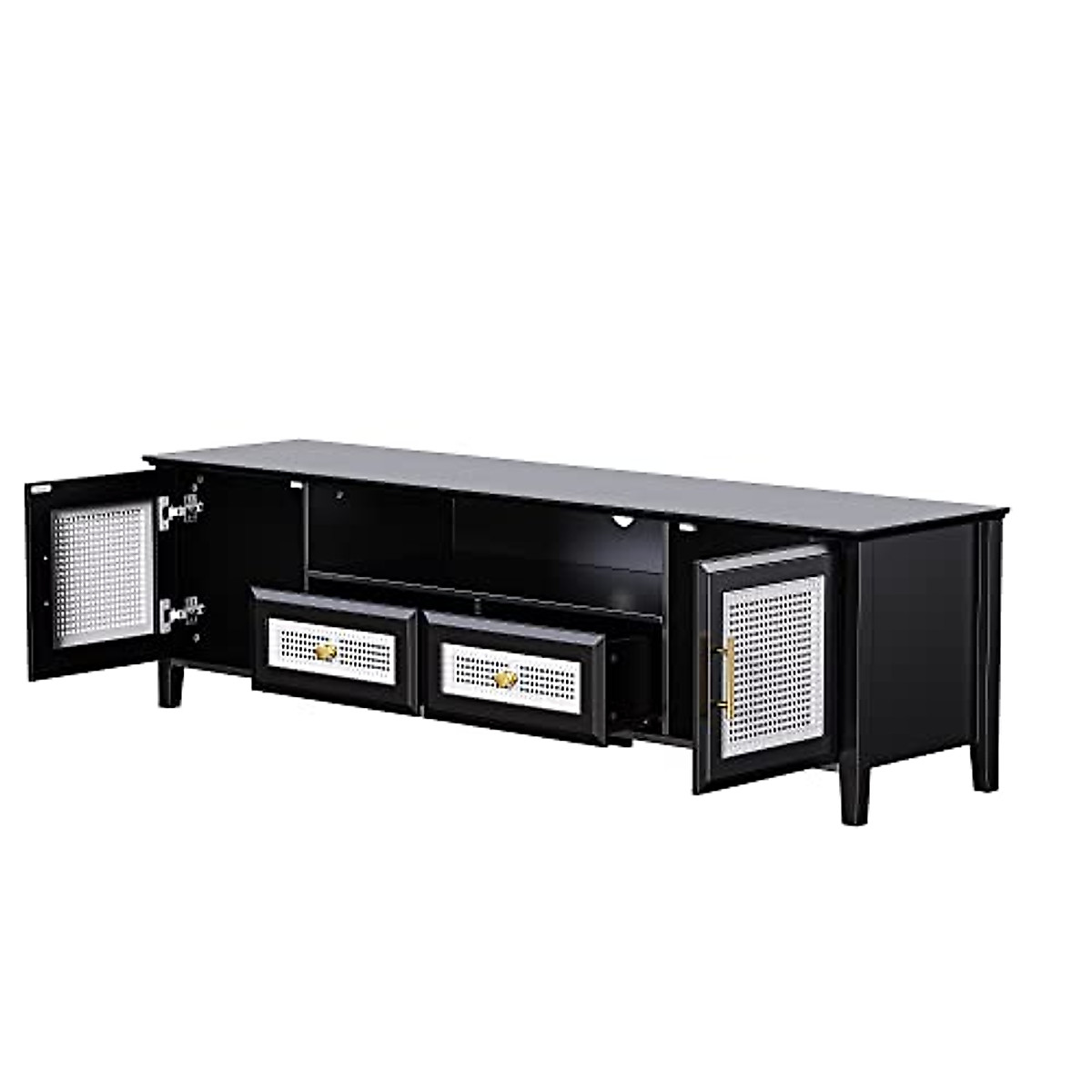 LZ LEISURE ZONE Farmhouse Rattan TV Stand for TVs up to 65", Boho Style Entertainment Center with Gold Metal Handles, Modern TV Console Table with Drawers and Cabinets for Living Room, Black
