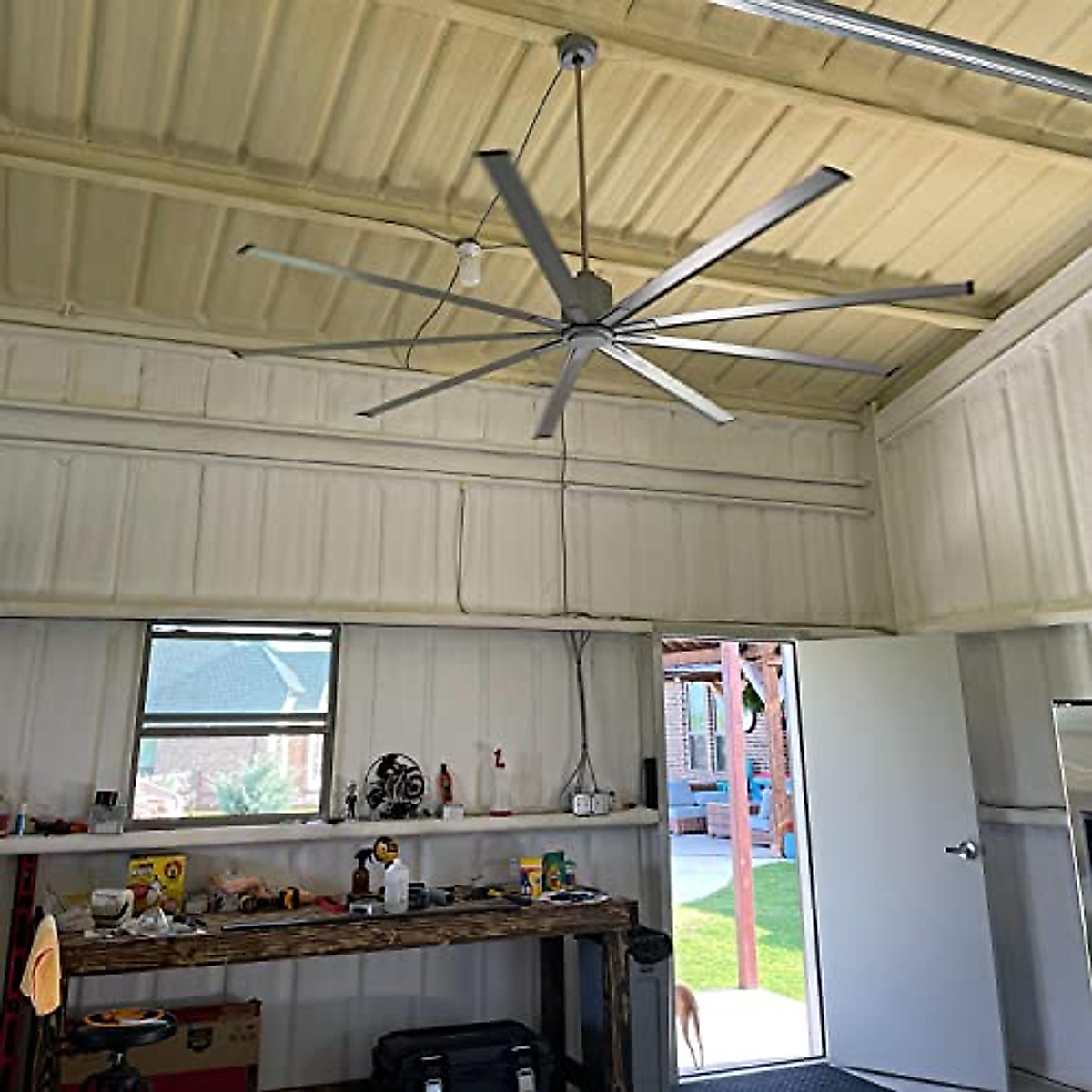 BiGizmos 84 Inch Industrial DC Motor Ceiling Fan, Damp Rated Indoor or Covered Outdoor Ceiling Fans for Home or Commercial, Porch Patio Warehouse Restaurant, 6-Speed Remote Control