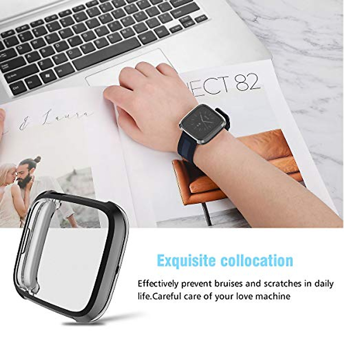 HANKN 2 Pack Case Compatible with Fitbit Versa 2 Screen Protector, Soft TPU Full Coverage Protective Cover Bumper Frame Versa 2 Smartwatch (Black+Black)