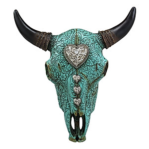 Ebros 10" Wide Western Southwest Steer Bison Buffalo Bull Cow Horned Skull Head Turquoise Silver Heart With Scroll Lace Design Wall Mount Decor Native Indian Sacred Animal Totem Bust Skulls