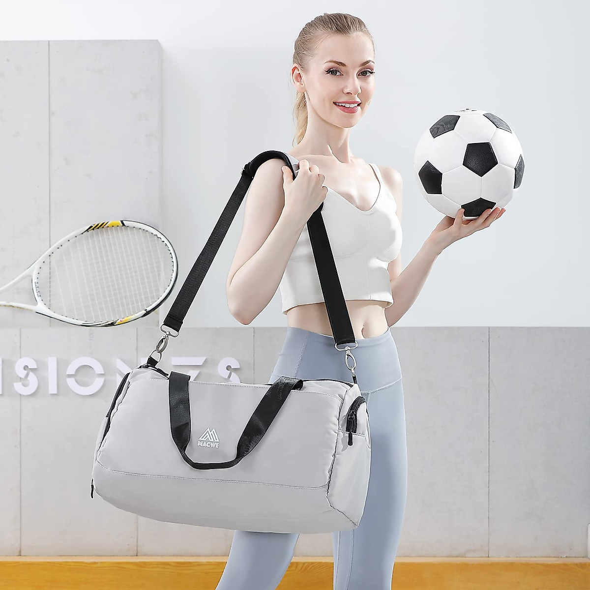 Duffel Gym Bag for Women, 40L Sports Bag for Men, Foldable Workout Bag with Shoe Compartment and Wet Pocket, Lightweight Weekender Overnight Bags (Grey)