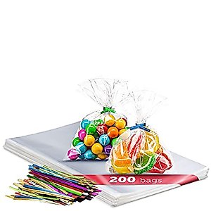 200 Pack Clear Plastic Cellophane Bags Goodie Bags [3x4] with 4" Twist Ties | Candy Bags | Cookie Bags | Treat Bags with Ties | Clear Gift Bags | Cellophane Treat Bags (Pack of 200)