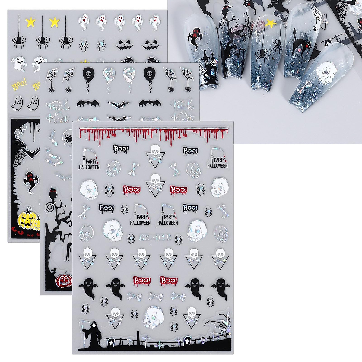 JMEOWIO 12 Sheets Halloween Nail Art Stickers Decals Self-Adhesive Pegatinas Uñas Skull Ghost Witchy Spider Web Bat Pumpkin Spook Nail Supplies Nail Art Design Decoration Accessories