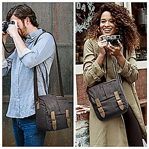 S-ZONE Waterproof Camera Bags for DSLR Canon Canvas Vintage Shoulder Women Men Camera Messenger Bag Leather Trim(Grey)