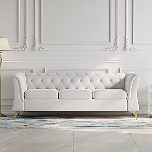 Homtique 3 Seater Sofa,Mid Century Modern Velvet Couch for Living Room,84 Inches Tufted Upholstered Chesterfield Sofa with Metal Legs Decor,Comfy Furniture Set for Bedroom Apartment (Beige)