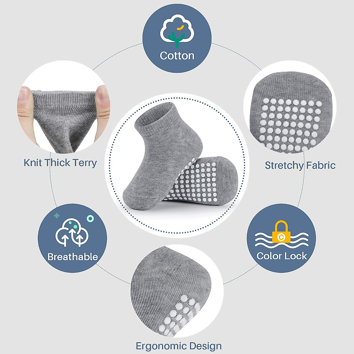 JAKIDAR 12 Pairs Baby Socks Non-Slip Toddler Socks With Grips for Baby Boys Girls - Ankle Low Cut Cotton Socks for Babe and Kids, Gray 12-24M