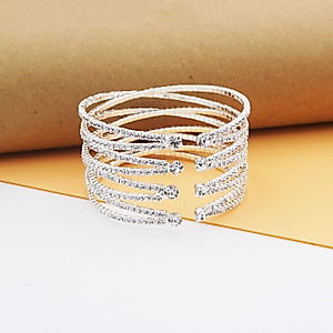JSEA 4-Womens Rhinestones Cross Cuff Bracelet Open End Wide Bangle Silver tone