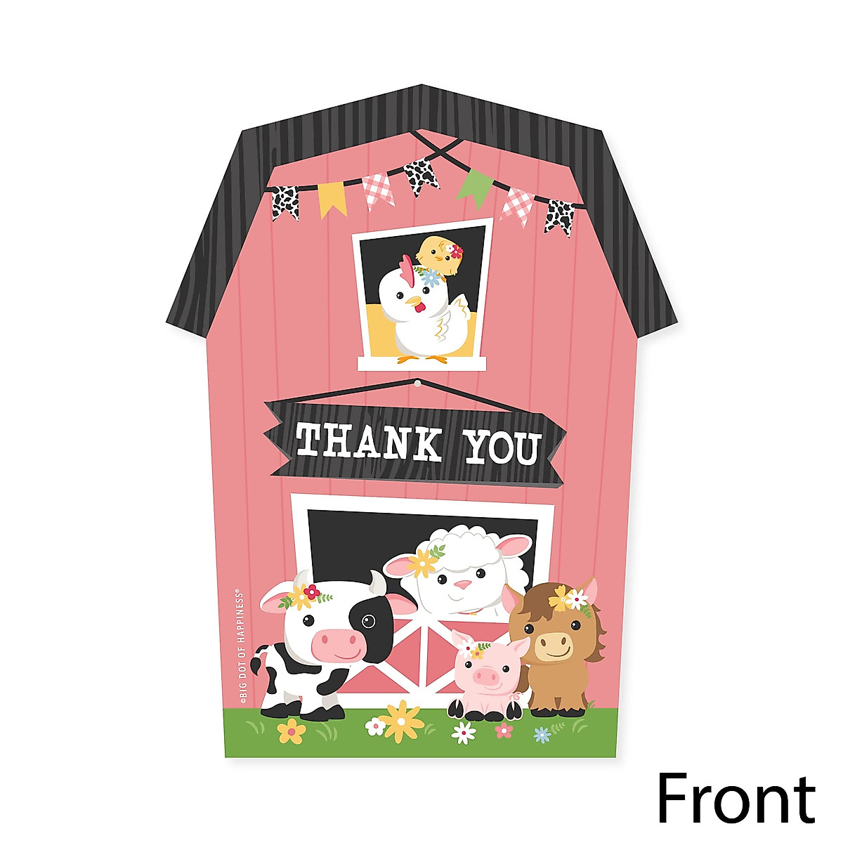 Big Dot of Happiness Girl Farm Animals - Shaped Thank You Cards - Pink Barnyard Baby Shower or Birthday Party Thank You Note Cards with Envelopes - Set of 12