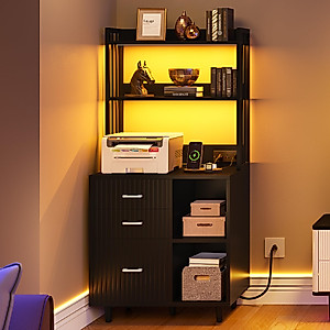 YITAHOME 3 Tier Bookcase, Bookshelf with Lighting, File Cabinet with Charging Station, 3 Drawer Wood Filing Cabinet, Printer Stand with Open Storage Shelves for Home Office, Black