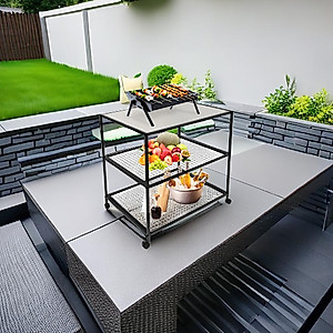 Outdoor Grill Dining Cart 3-Shelf Movable Dining Cart Adjustable Prep Cart Table Stand Storage Rack Shelves Kitchen Heavy Duty Grill Cart for Camping Lawn