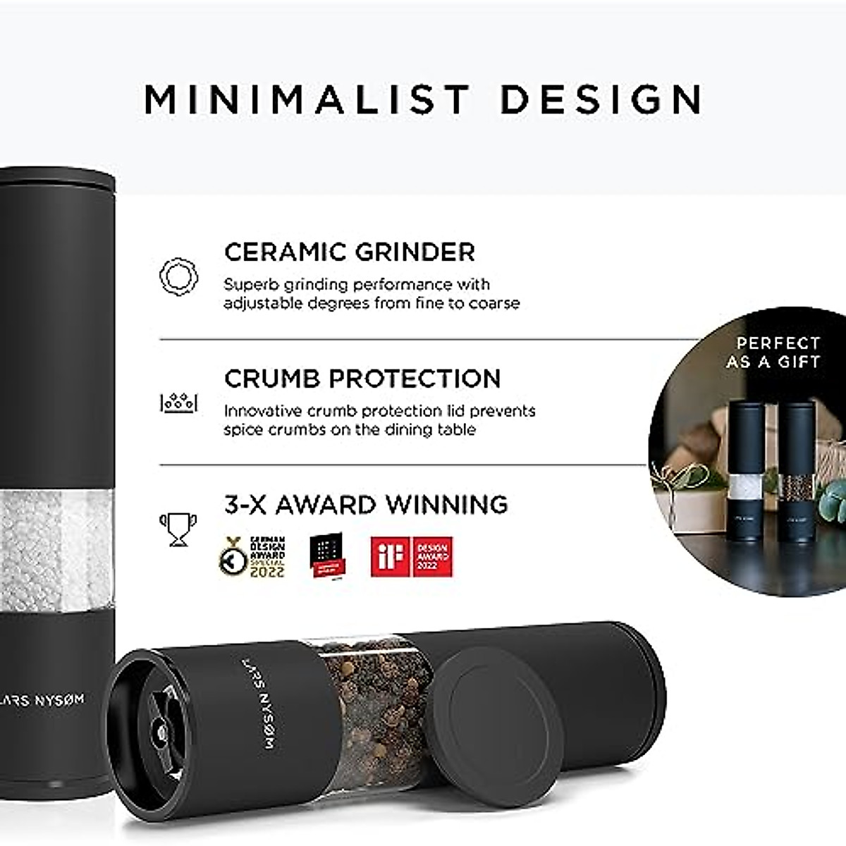 LARS NYSØM Salt and Pepper Mills Set Stainless Steel with Adjustable Ceramic Grinder 2 pieces I Design Spice Mills Set Manual (Set of 2, Onyx Black)