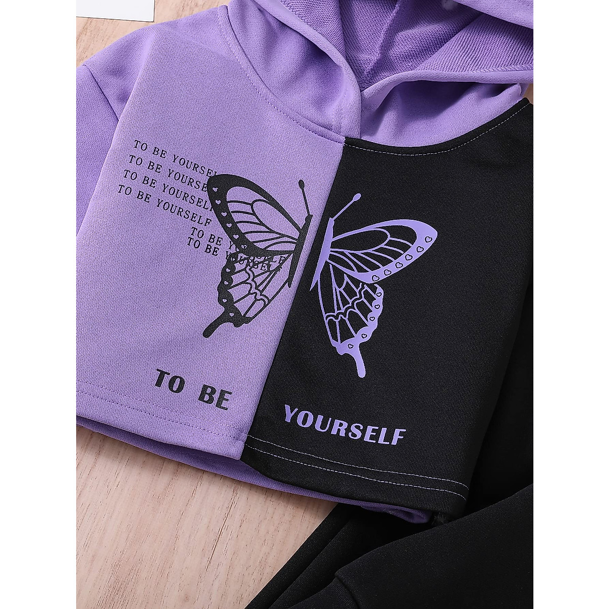SOLY HUX Girl's 2 Piece Outfits Color Block Butterfly Print Long Sleeve Hoodies Sweatshirt Tops and Sweatpants Set Black and Purple 11-12Y