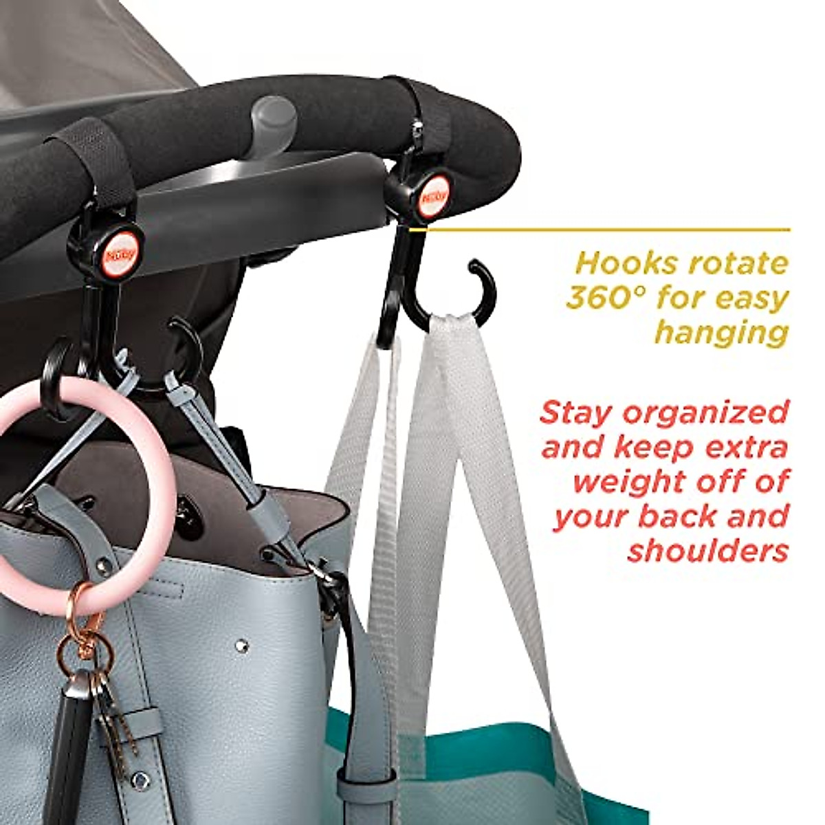 Nuby Double Stroller Hook, Adjustable Hook, Black or Grey