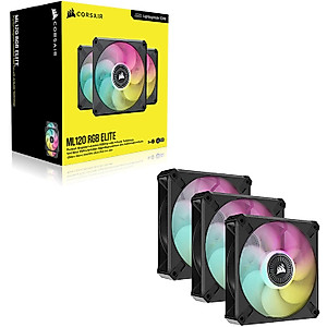 CORSAIR ML120 RGB ELITE, 120mm Magnetic Levitation RGB Fan with AirGuide, 3-Pack with Lighting Node CORE, Black For Radiator