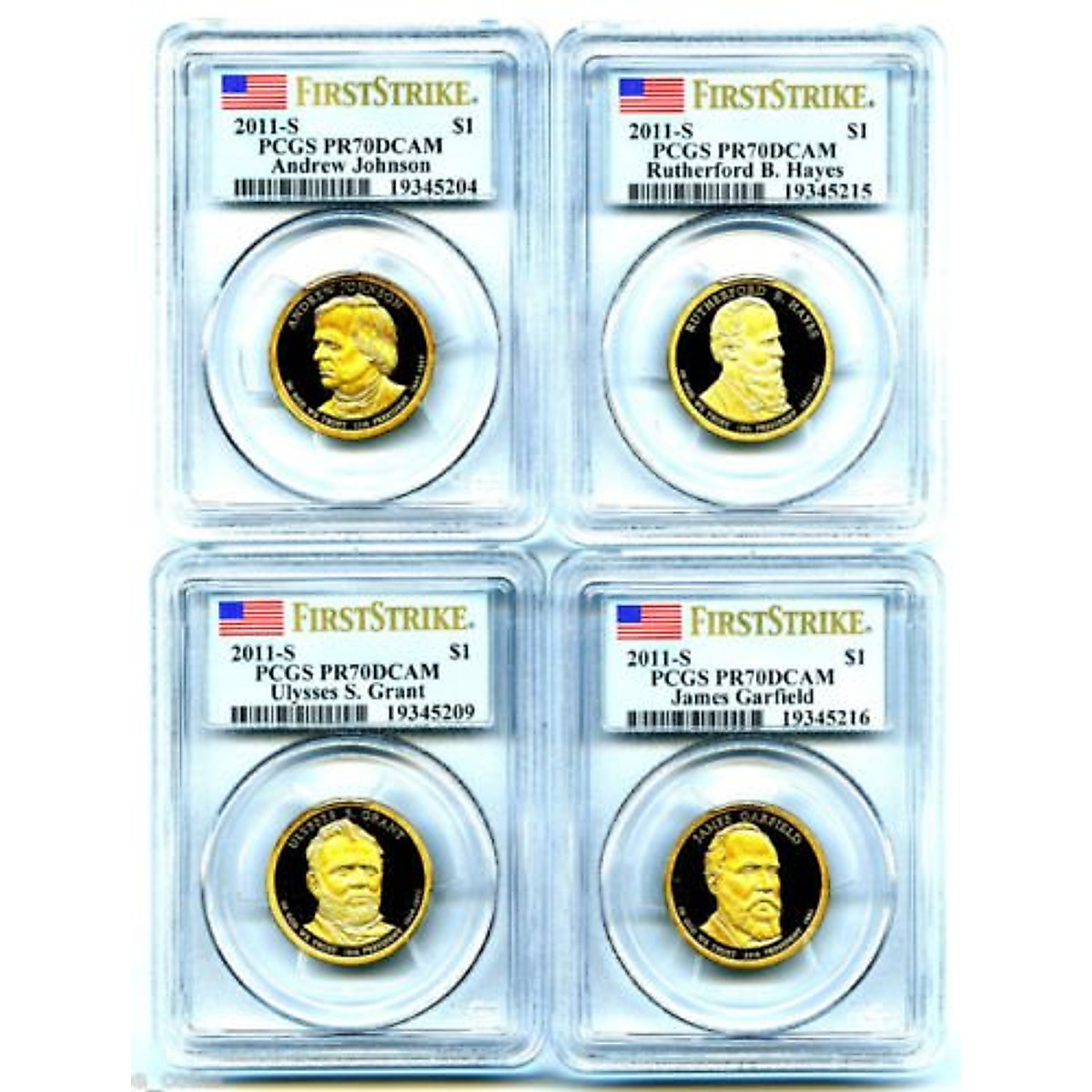 2011 S JOHNSON HAYES GARFIELD GRANT DOLLAR Set First Strike Proof PCGS PR-70