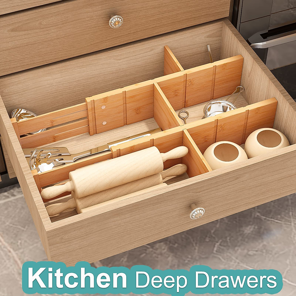 Vriccc 4.4" High Bamboo Drawer Dividers with Inserts, Kitchen Adjustable Drawer Organizers, Expandable Organization for Home, Office, Dressers, and Bathroom, 4 Divider with 8 Insert