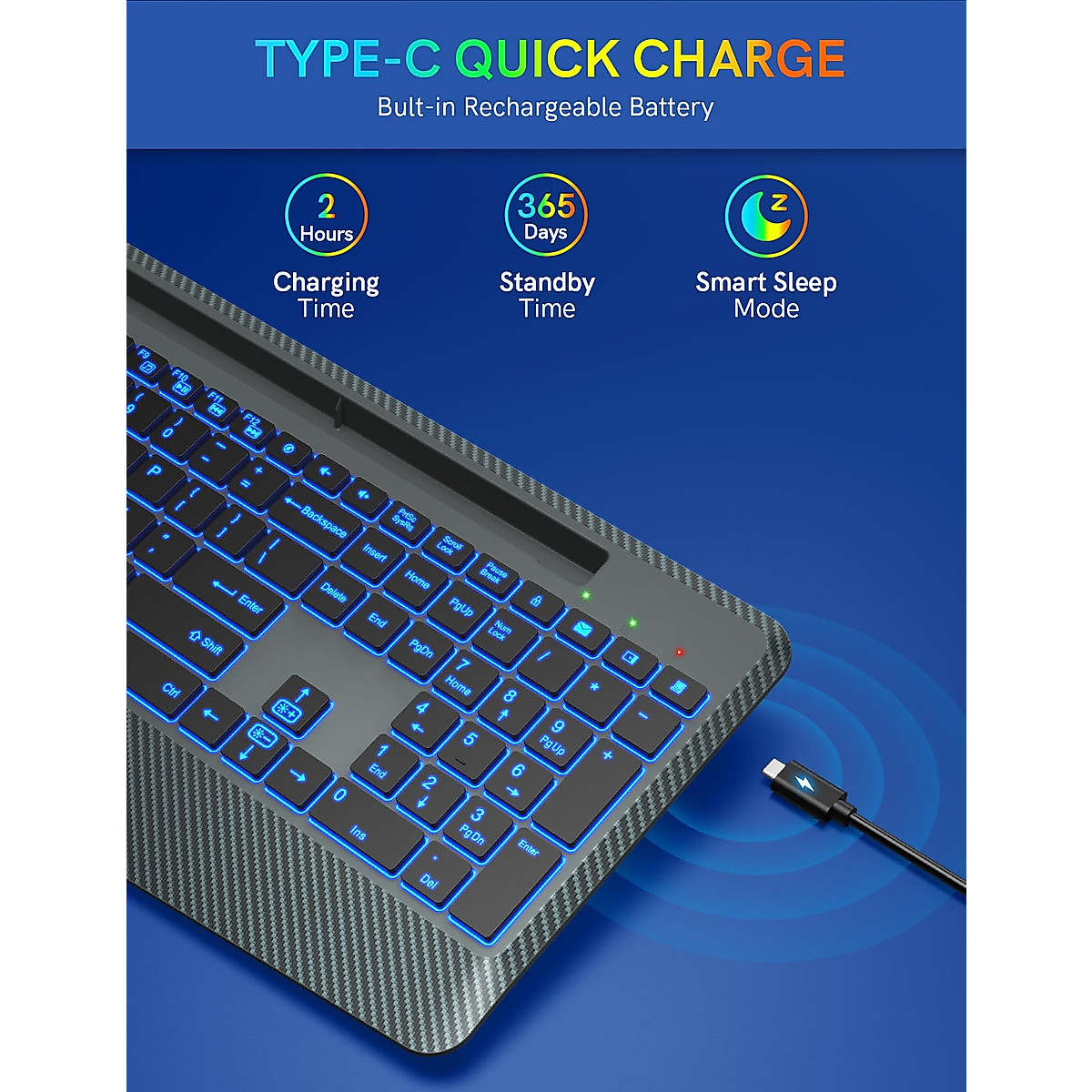 Trueque Wireless Keyboard with 7 Colored Backlits, Wrist Rest, Phone Holder, Rechargeable Ergonomic Computer Silent Keys, Full Size Lighted for Windows, MacBook, PC, Laptop (Gray), Grey