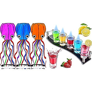 Kite, 3 Pack Kites for Kids Easy to Fly, Kites for Adults, Giant Octopus Kite for Beach Outdoor Games, Shot Glasses Holder, 6 Shot Glass Dispenser and Holder, Shot Glass Set with Tray