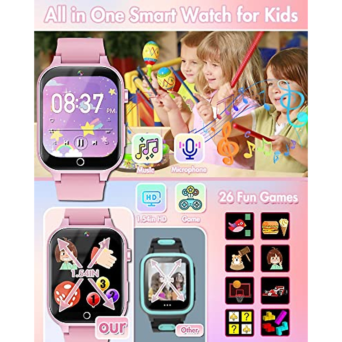 Smart Watch for Kids with Video Camera Music Player Educational Birthday Gifts for 6 7 8 9 10 11 12 Year Old Boys (Pink)