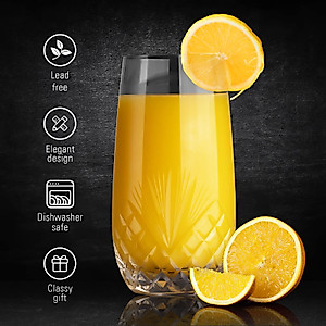 SHOSHIN Hand Cut Highball Glasses Crystal (Set of 4, 17Oz) - Elegant Water Juice Drinking Glasses, Everyday Beverage Glasses, Large Collins Glasses Perfect for Restaurant, Kitchen, Bar