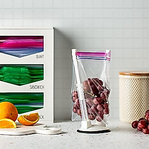 Zip Lock Bag Organizer with Snack Bag Clips for Food Packages & Ziplock Bag Holder for Filling - Our Ziplock Bag Storage Organizer Has a Convenient Sliding Lid & Laser Engraved Labels - White