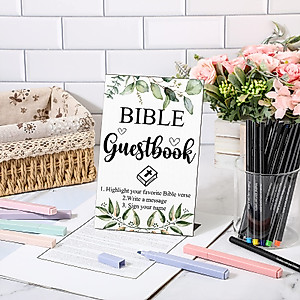 Geelin 19 Pcs Bible Wedding Guestbook Sign and Pens Set Greenery Wooden Standing Sign Bible Guest Book Sign 6 Highlighters for Bible Pages 12 Fine Point Pens for Baby Shower Bridal Shower Party