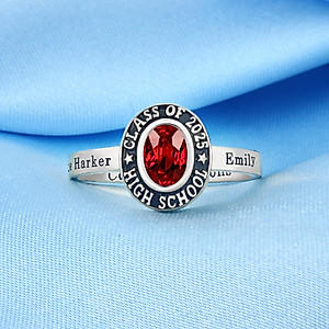 Ccjcinata 925 Sterling Silver Class Rings for Women High School Cubic Zirconia Birthstone Rings Personalized Custom Rings Women's Class Rings Size 5-15 Graduation Rings for Women