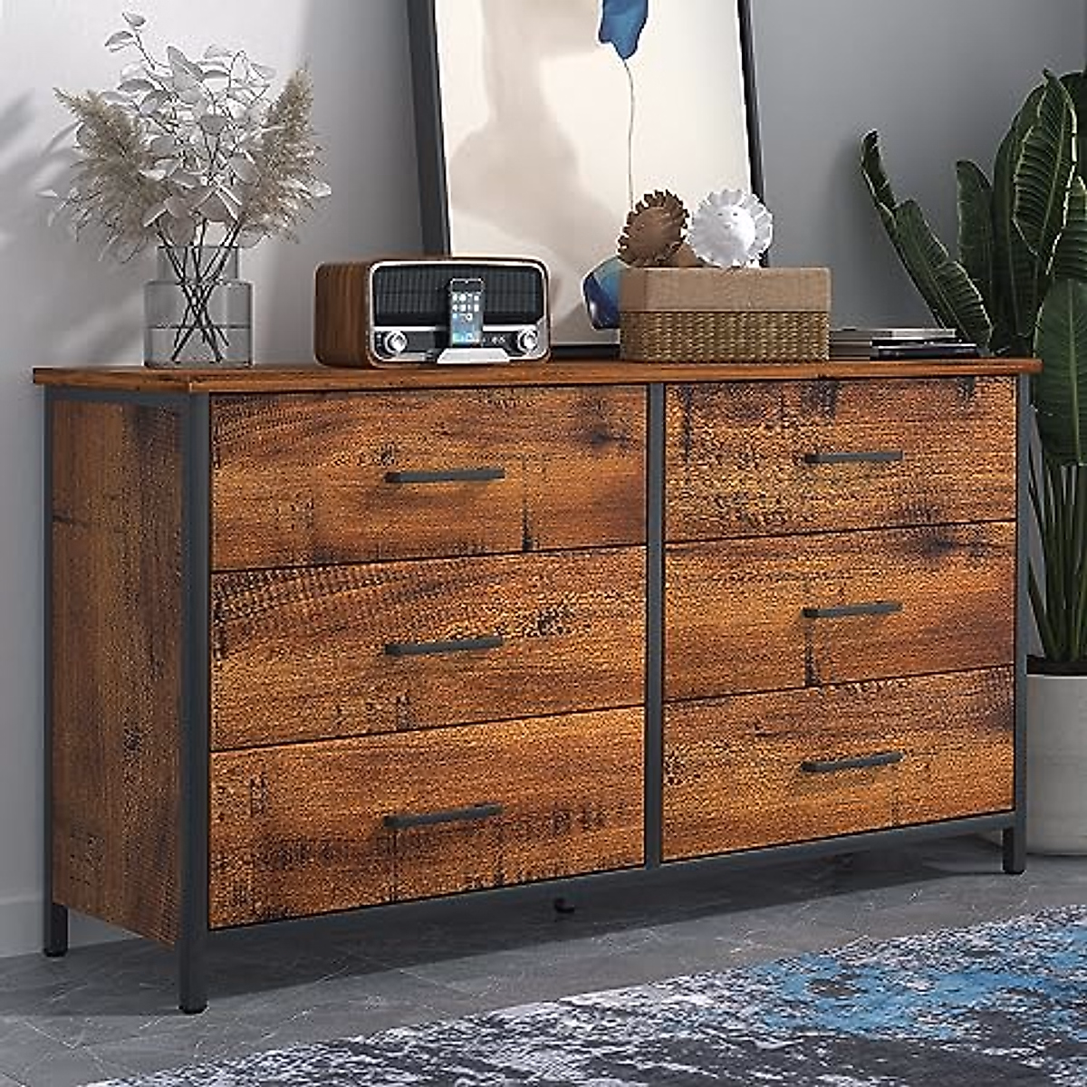 IKENO 6 Drawer Double Dresser, Industrial Wood Storage Dresser Clothes Organizer with Sturdy Steel Frame, Storage Dresser for Bedroom