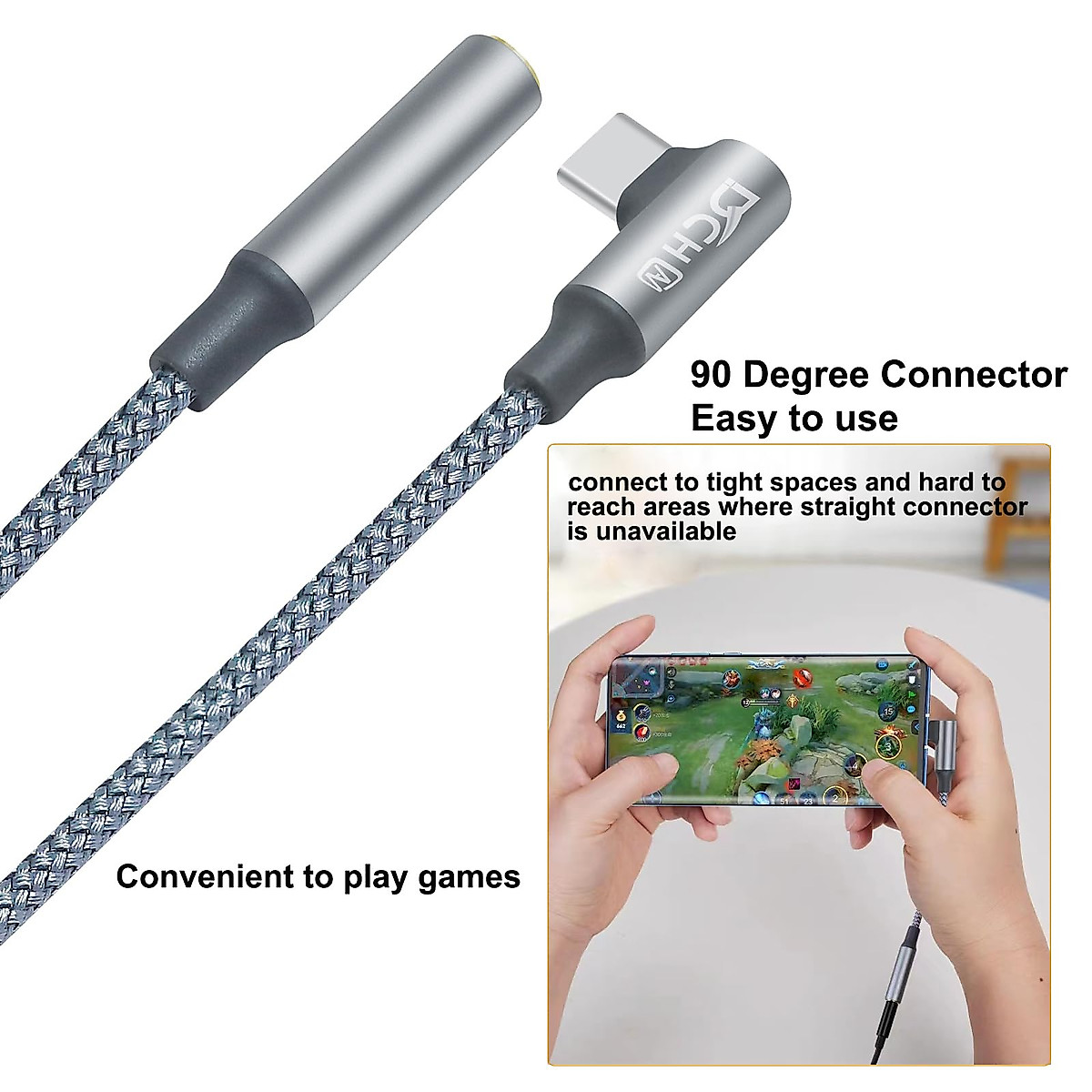 DCHAV Right Angle USB C to 3.5mm Audio Adapter Headphone Jack USBc 3.5 mm Cable Aux USB Type C Cord Male Female Dongle DAC Chip for Android Phone Tablet Laptop Speaker Microphone Car Stereo, Grey