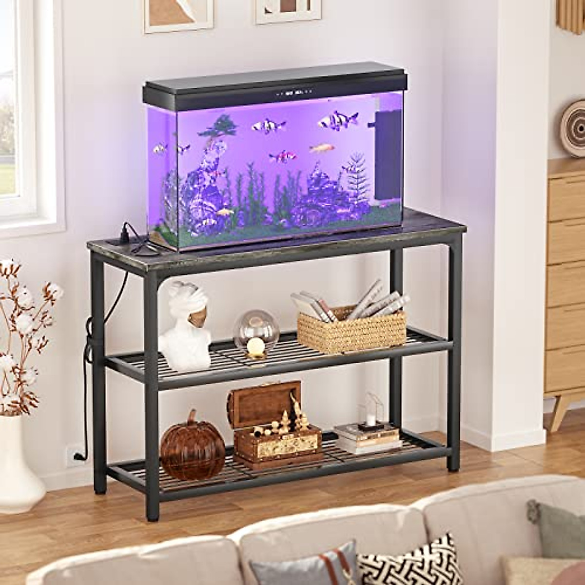 Ecoprsio Console Table with Outlets, Sofa Table with Double Mesh Shelves, Industrial Entryway Table Foyer Table for Entryway, Front Hall, Hallway, Sofa, Couch, Living Room, Coffee Bar, Kitchen, Grey