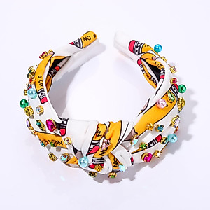 boderier Teacher Headbands for Women Beaded Crystal Knotted Headband Pencil Apple Headband Teacher Hair Accessories (Crystal Beaded)