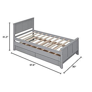 Twin Size Platform Bed with Trundle and 2 Storage Drawers, Wooden Twin Daybed with Slat Support, Modern Twin Trundle Bed Frame for Bedroom, Guest Room, Living Room (Twin, Gray)
