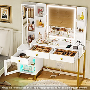 ADORNEVE Makeup Vanity Desk with Lighted Mirror, Makeup Vanity with Lights & Charging Station, 3 Drawers & RGB Cabinet, Makeup Table Set with Full-Length Mirror, White & Gold