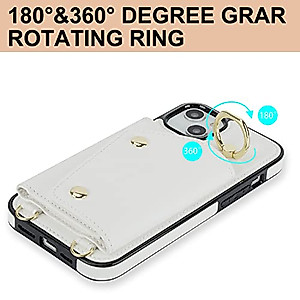 Lipvina for iPhone 13 Case Wallet with Strap for Women,Crossbody Lanyard and Wristlet Strap,Zipper Pocket,Credit Card Holder,Ring Stand,RFID Blocking Phone Wallet Cases(6.1 inch,White)