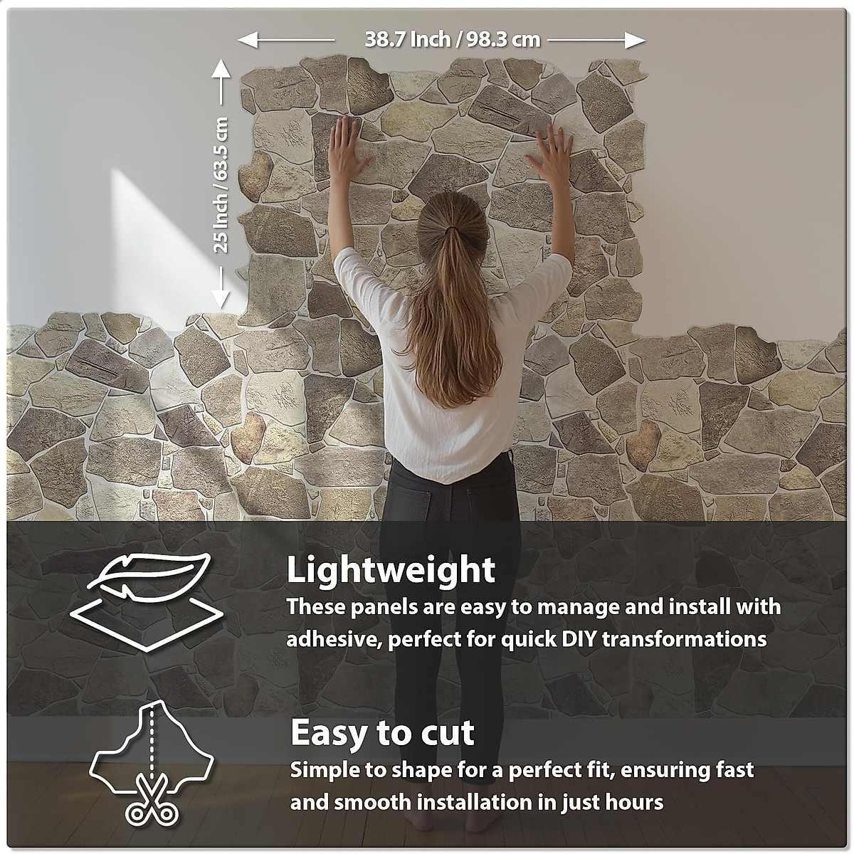 CONCORD WALLCOVERINGS ™ 5 Pack 3D Faux Brick Wall Panels, Beige Grey Wild Stone, Lightweight 38.7" x 25" (98.3 cm x 63.5 cm) PVC Sheets, Decorative Tiles for Living Room, Kitchen - Covers 33.59 Sq Ft