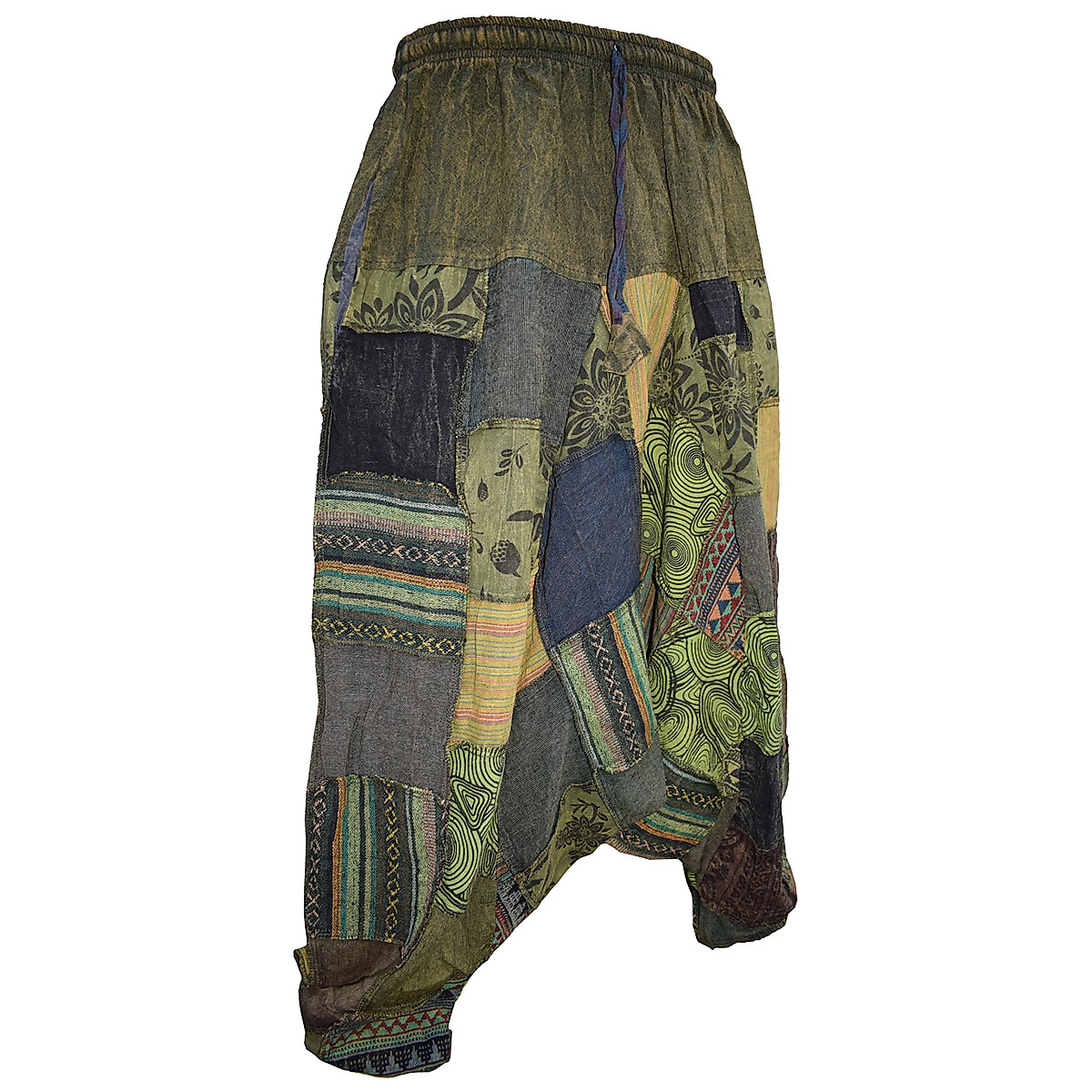 Mens Patchwork Stone Washed Yoga Bohemian Baggy Printed Harem Pants Green LXL