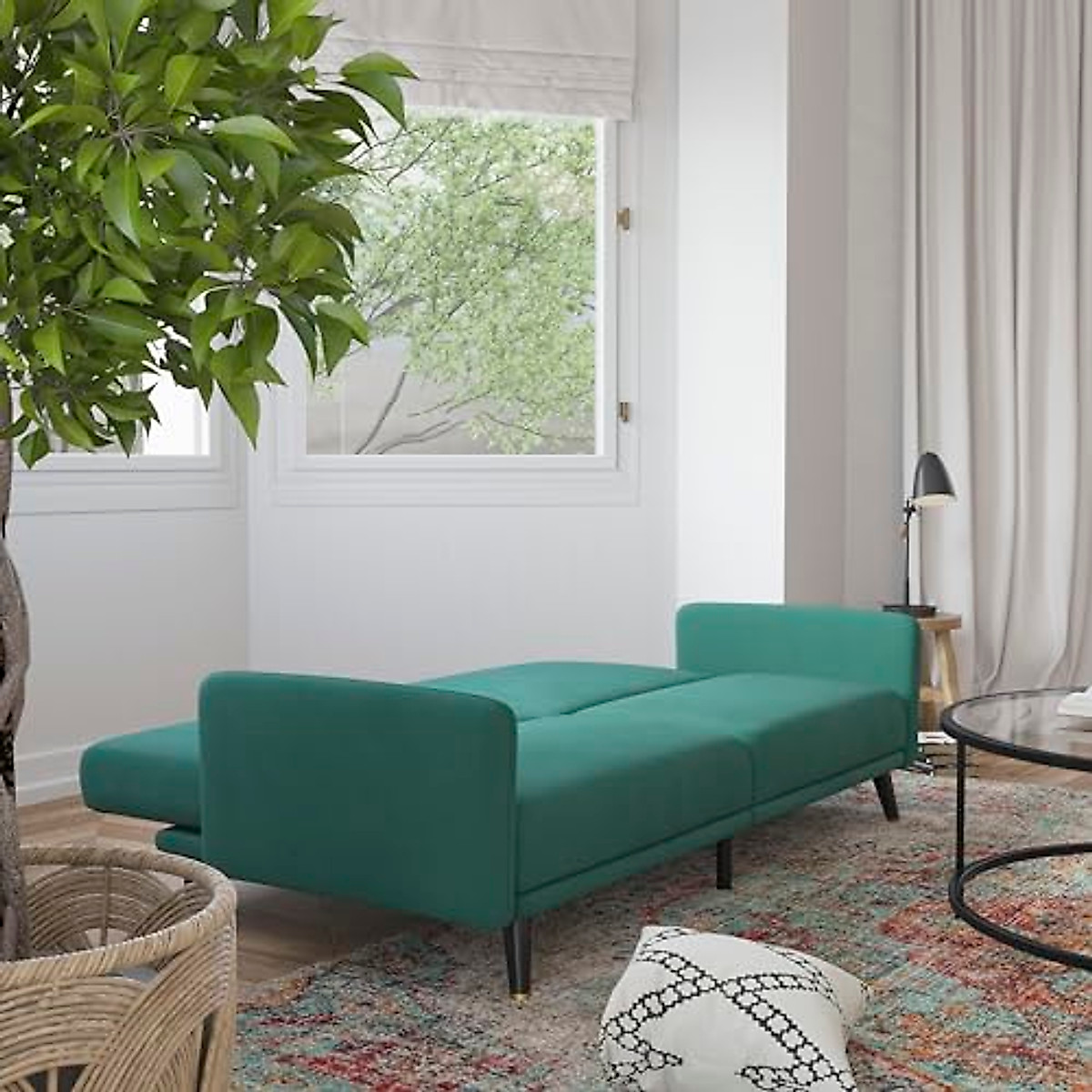 Flash Furniture Sophia Premium Split Back Sofa Futon - Emerald Green Velvet Upholstery - Solid Wood Legs - Convertible Sleeper Couch for Small Spaces