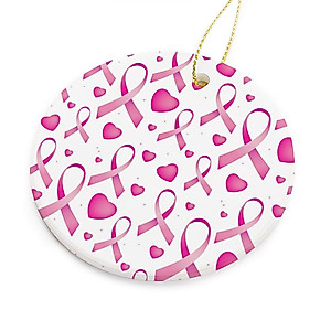 Breast Cancer Pink Ribbon Christmas Decorations Round Ceramic Hanging Ornament Xmas Decor for Christmas Tree Party